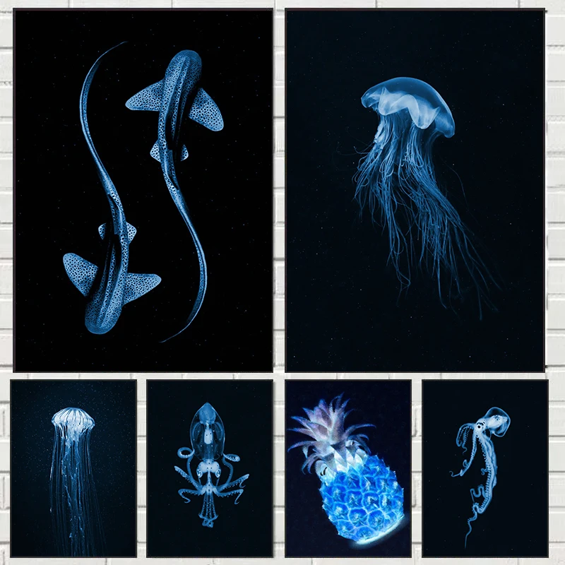 Abstract-Sea-Creature-Cyanea-Jellyfish-Squid-Shark-Night-Poster-Canvas ...