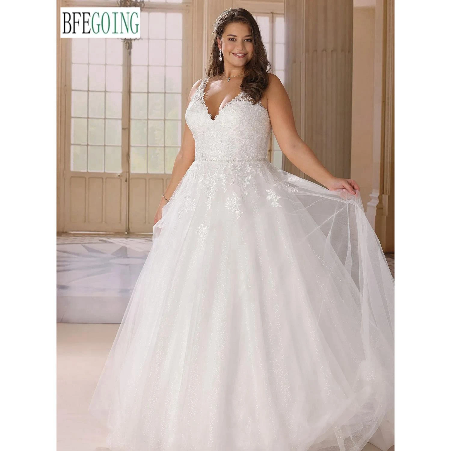 Plus-Size-White-Lace-A-Line-Wedding-Dresses-Chapel-Train-Custom-Made ...