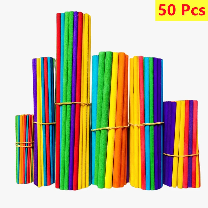 50Pcs Color Round Wooden Stick Colorful Hand Crafts Children Hand ...