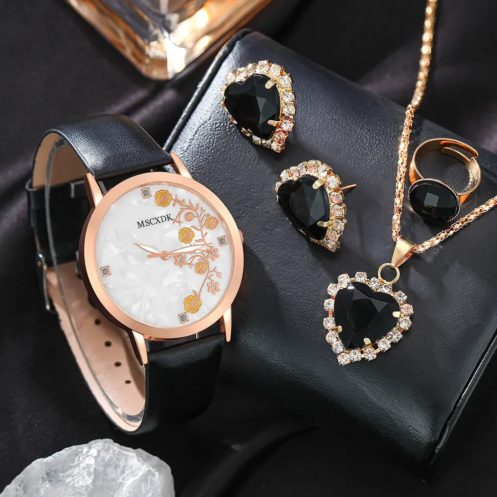 5PCS-Set-Luxury-Black-Watch-Women-Ring-Necklace-Earring-Rhinestone ...