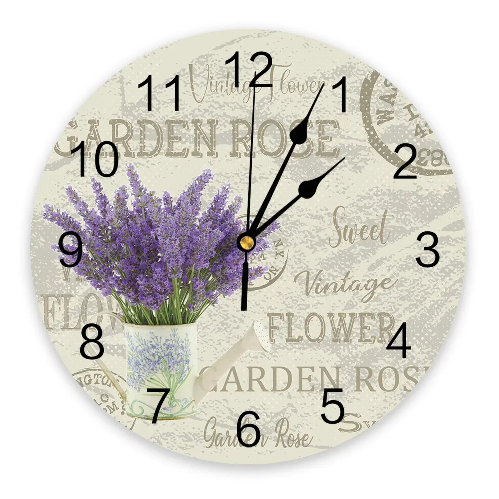 Purple-Flowers-Lavender-Vintage-Postcard-Living-Room-Clock-Wall-Round ...