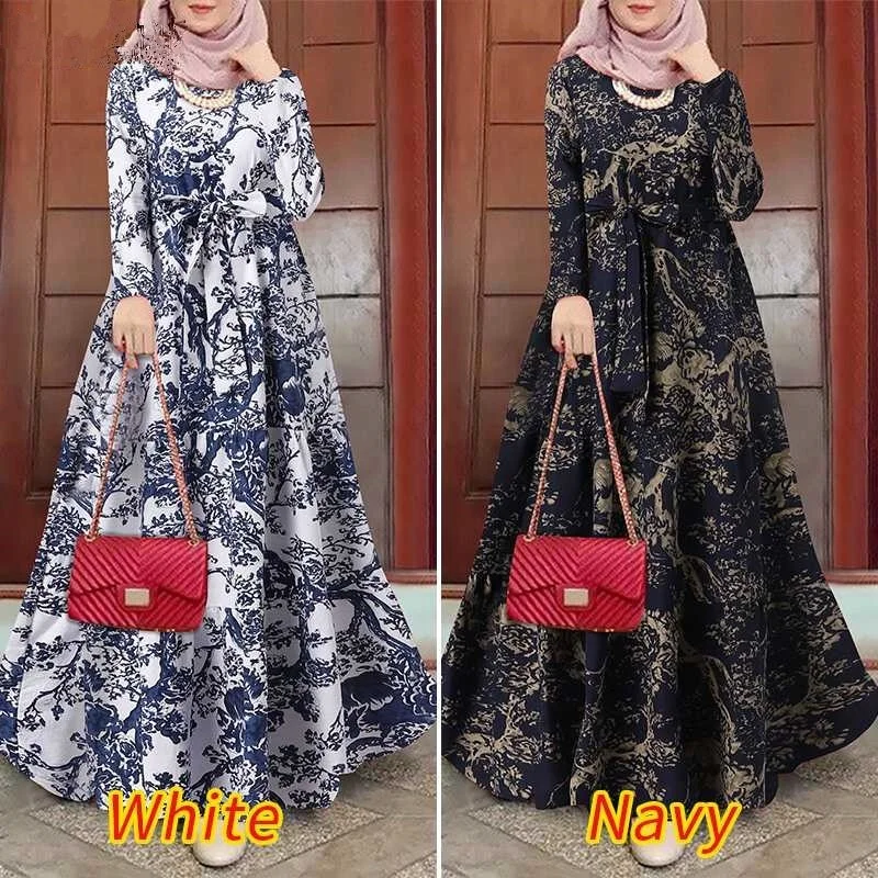 Muslim Abayat Retro Fashion Print Abaya Femme Waist Large Skirt Long ...