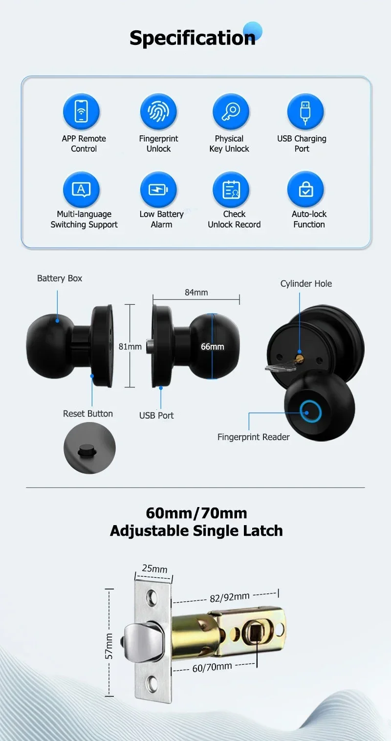 Tuya New Fingerprint Bluetooth Wifi Biometric Electronic Ball Lock APP ...