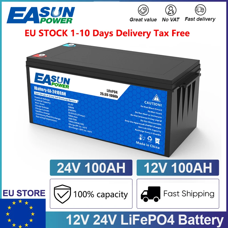 EASUN 12V 24V LiFePO4 Battery 100AH 200AH Lithium Iron Phosphate ...