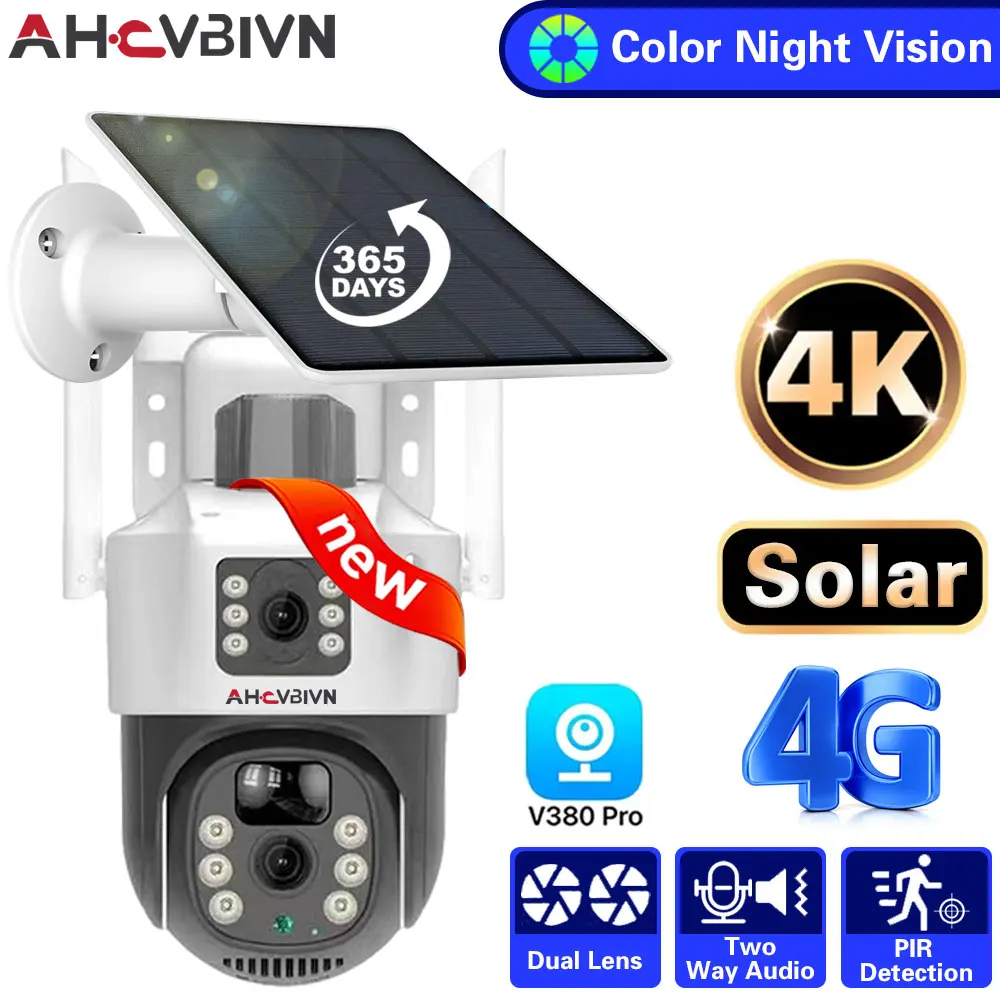 4K 4G SIM Card Dual Lens Solar Cameras 8MP Wireless Surveillance PTZ ...