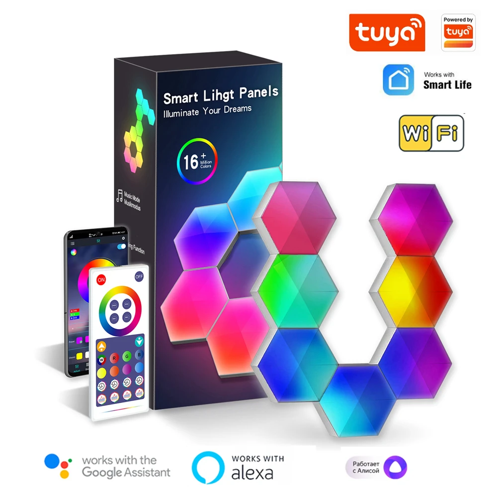 Tuya Smart RGB LED Nightlights, paneles de luz de ambiente hexagonales, Lámpara USB para ...