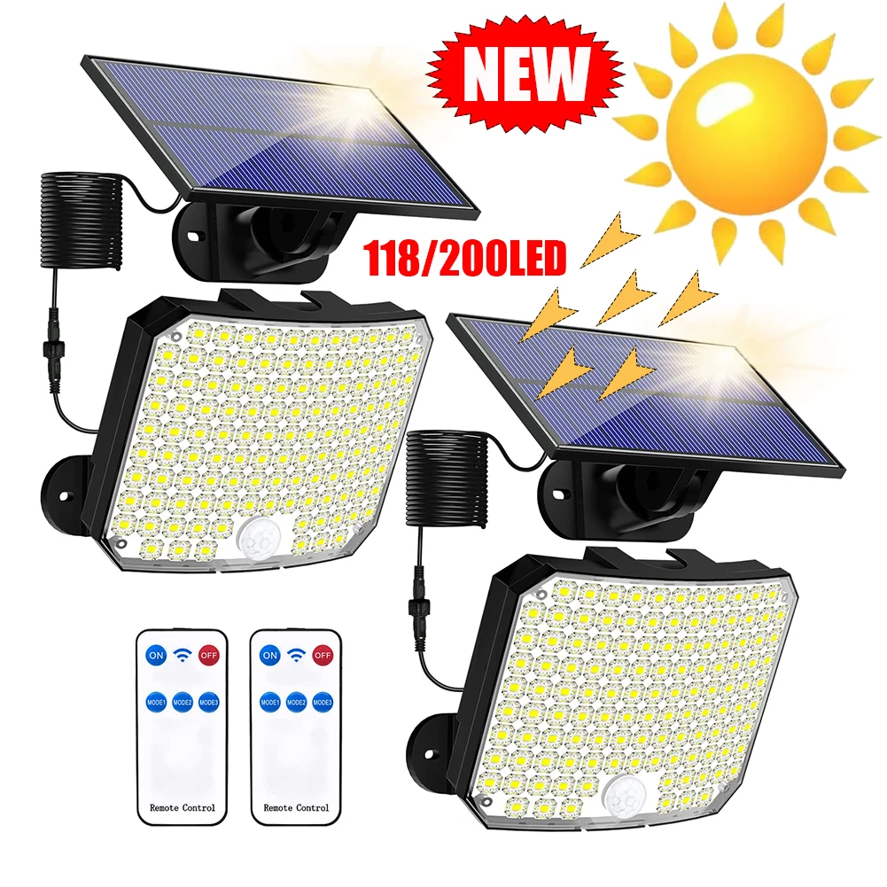 1-2pcs-118-200LED-Split-Solar-Wall-Light-With-Remote-Control-3-MODE-PIR ...