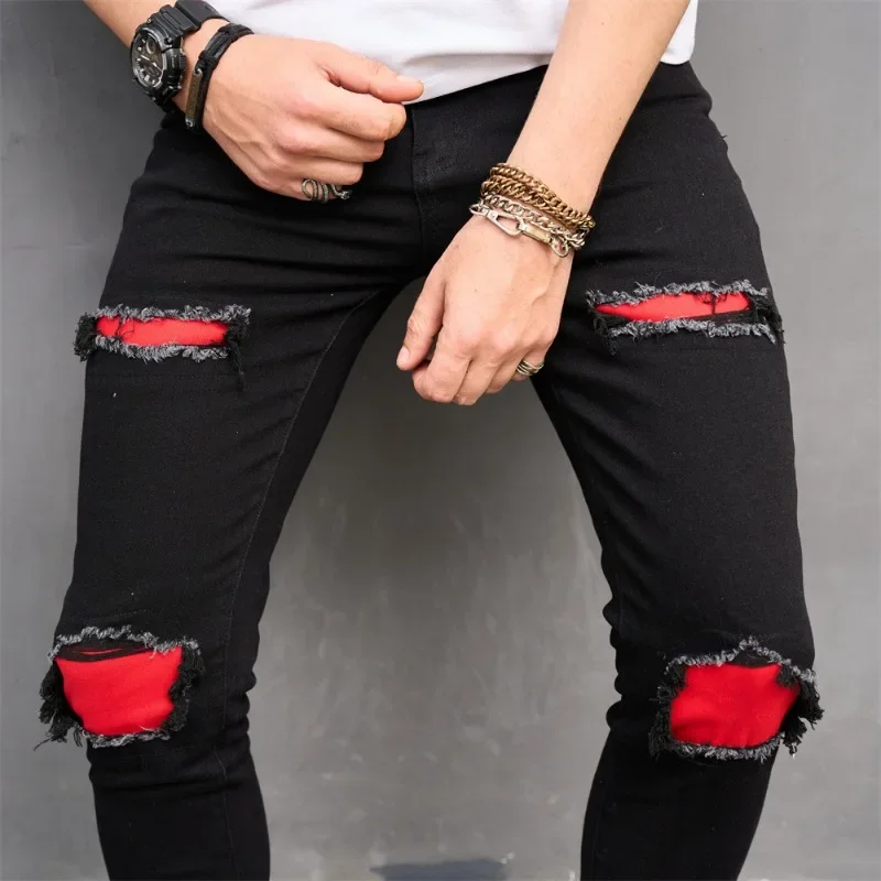 Streetwear-Men-s-Personalized-Ripped-Black-and-Red-Patchwork-Fashion ...