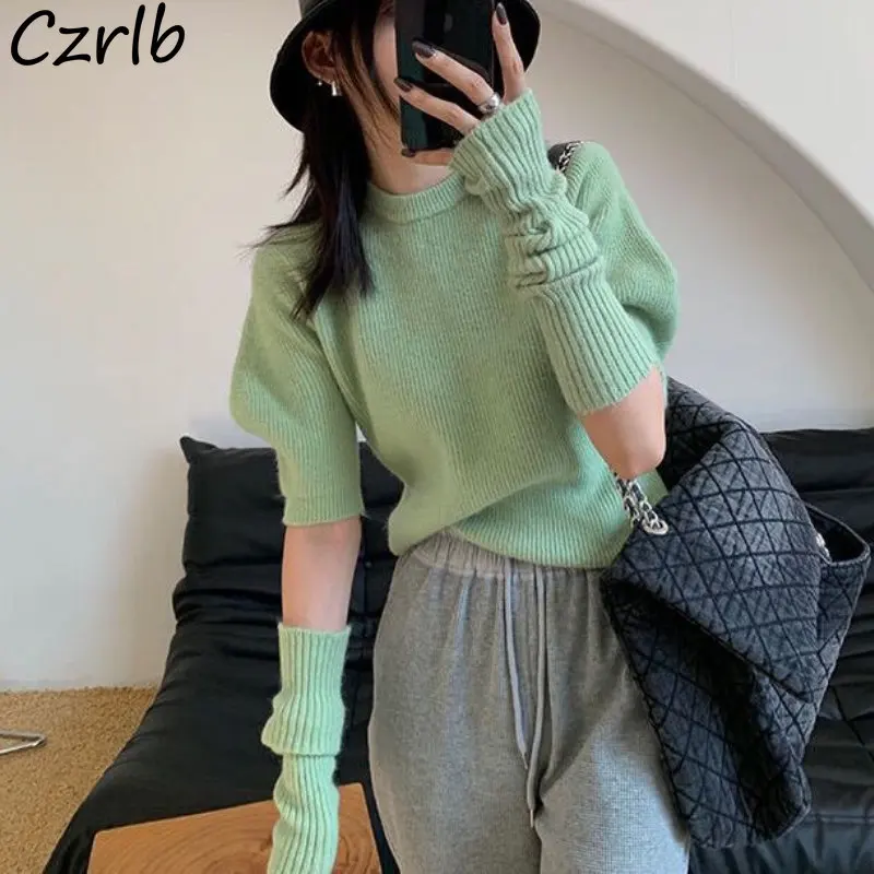 Short-Sleeve-Pullovers-Women-Solid-with-Cuff-Spring-Summer-Sweaters ...