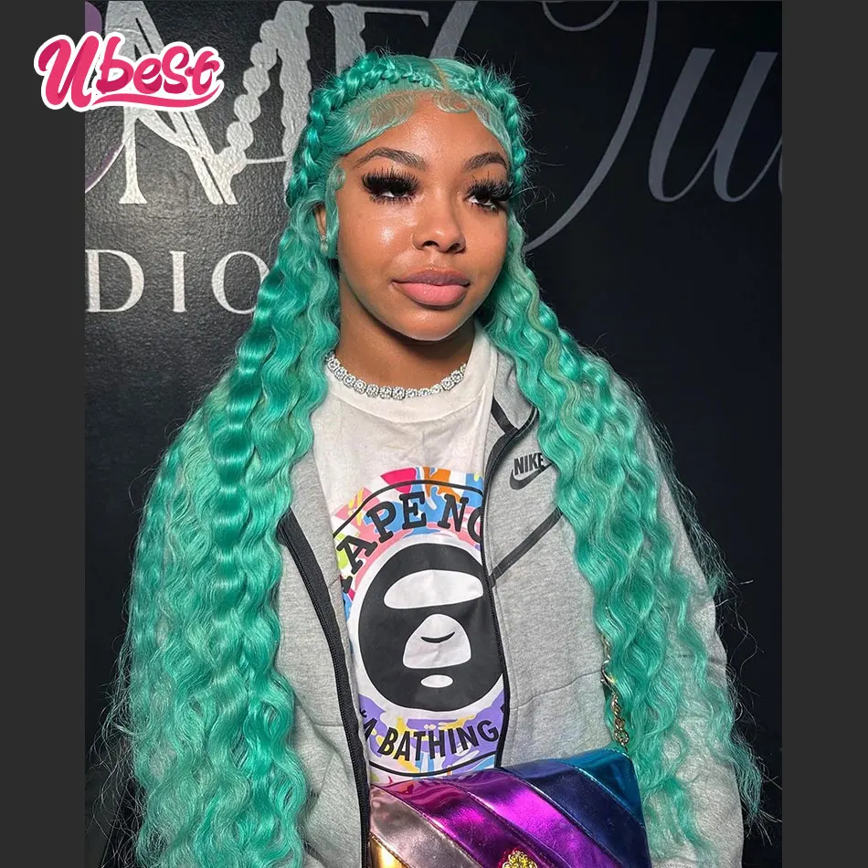 13X6 Turquoise Cyan Wig Human Hair Colored Loose Deep Wave 13x4 Lace ...