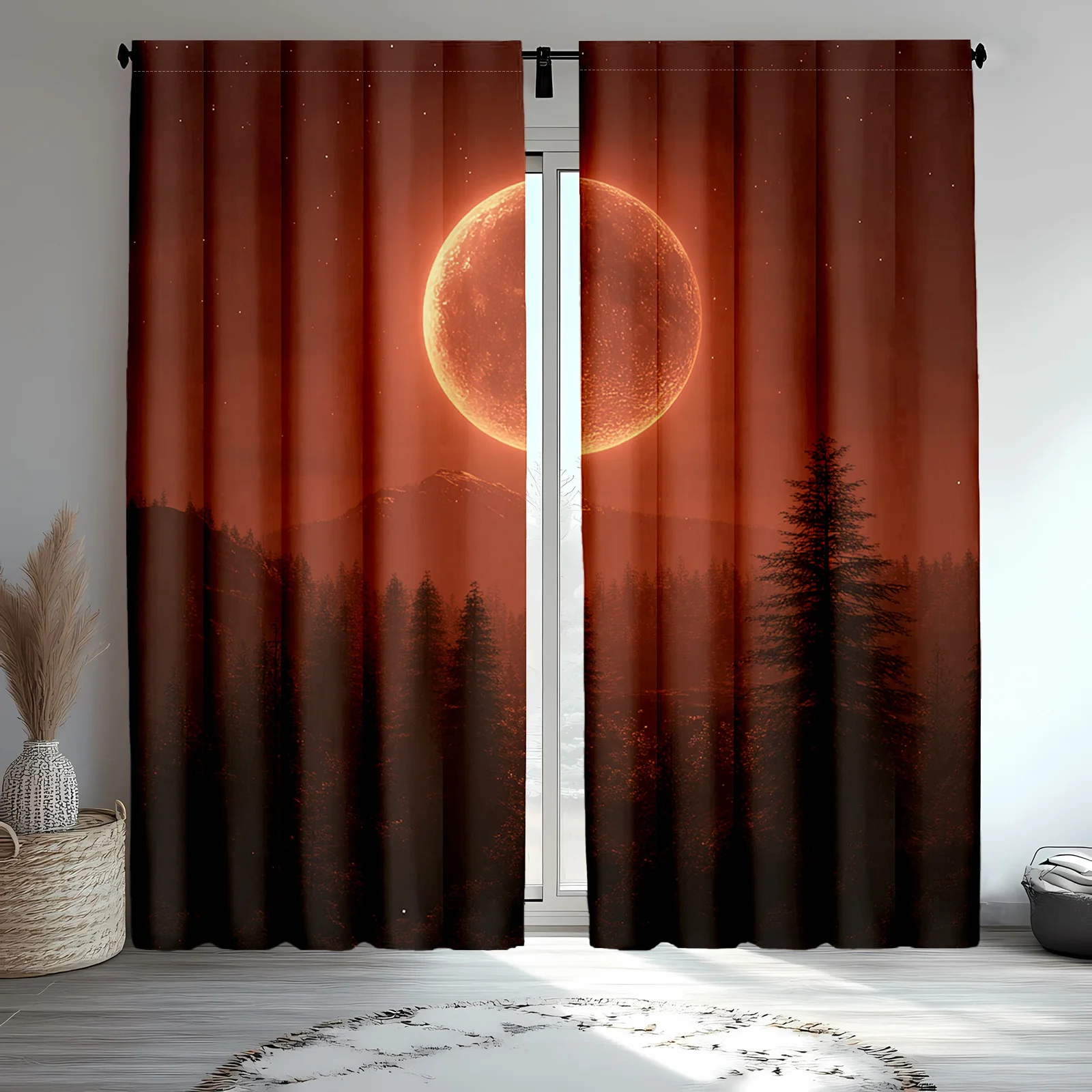 2pcs Abstract Moon and Forest Curtains with Full Moon and Colorful ...