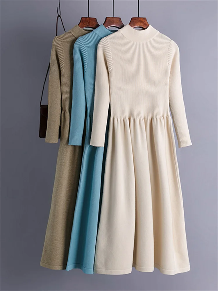 Women Knitted Dresses Autumn Winter Basic A-Line Pullover Dress Elegant ...