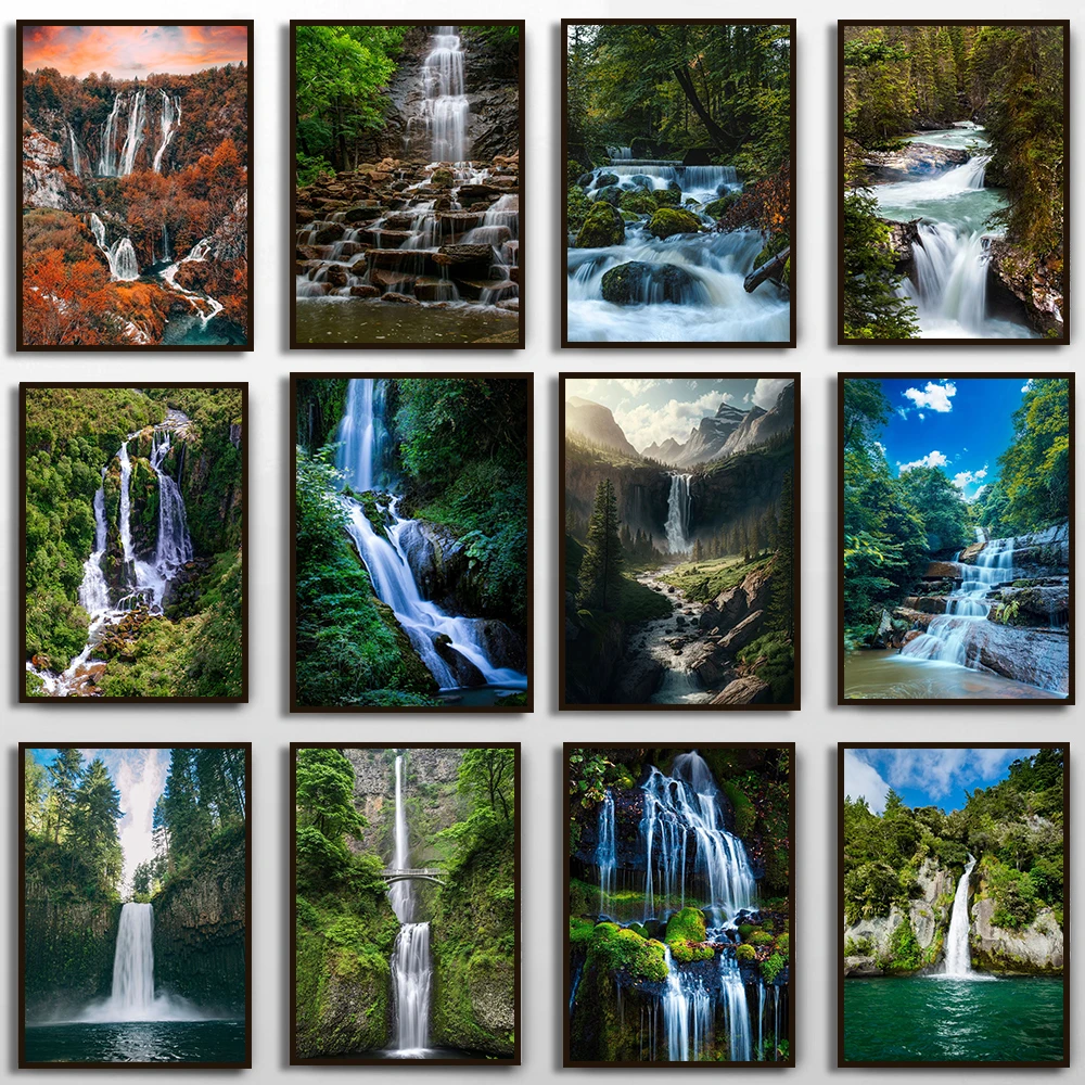Waterfall-Landscape-Nature-Scenery-Green-Tree-Lake-Leaf-Poster-Canvas ...