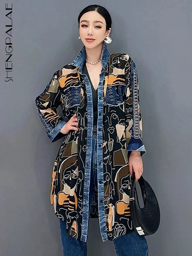 SHENGPALAE-Long-Shirt-Printed-Chiffon-Denim-Top-2024-Spring-Summer-New ...