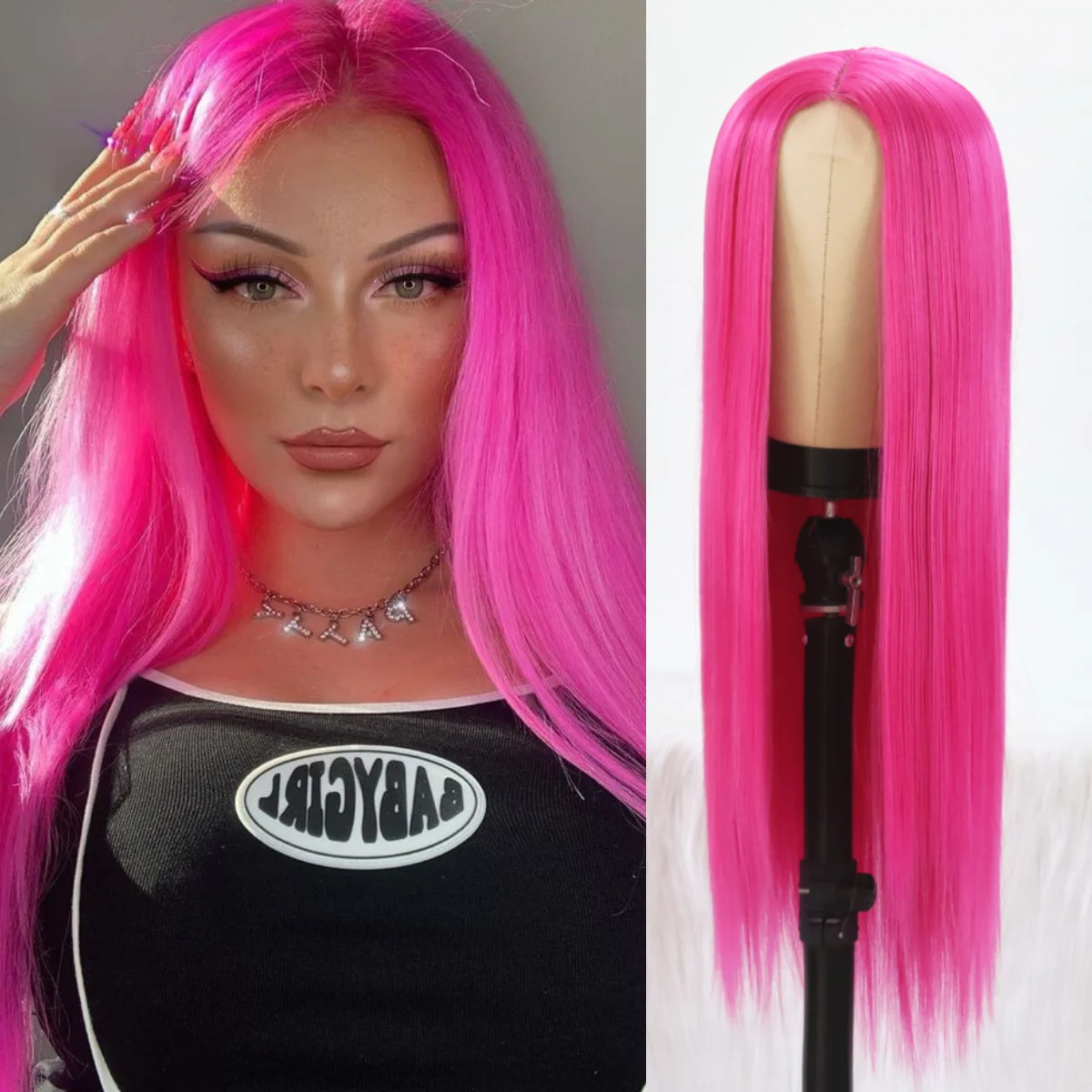Hot-Pink-Lace-Wigs-Long-Straight-Hair-Neon-Pink-Wig-with-Free-Part-With ...