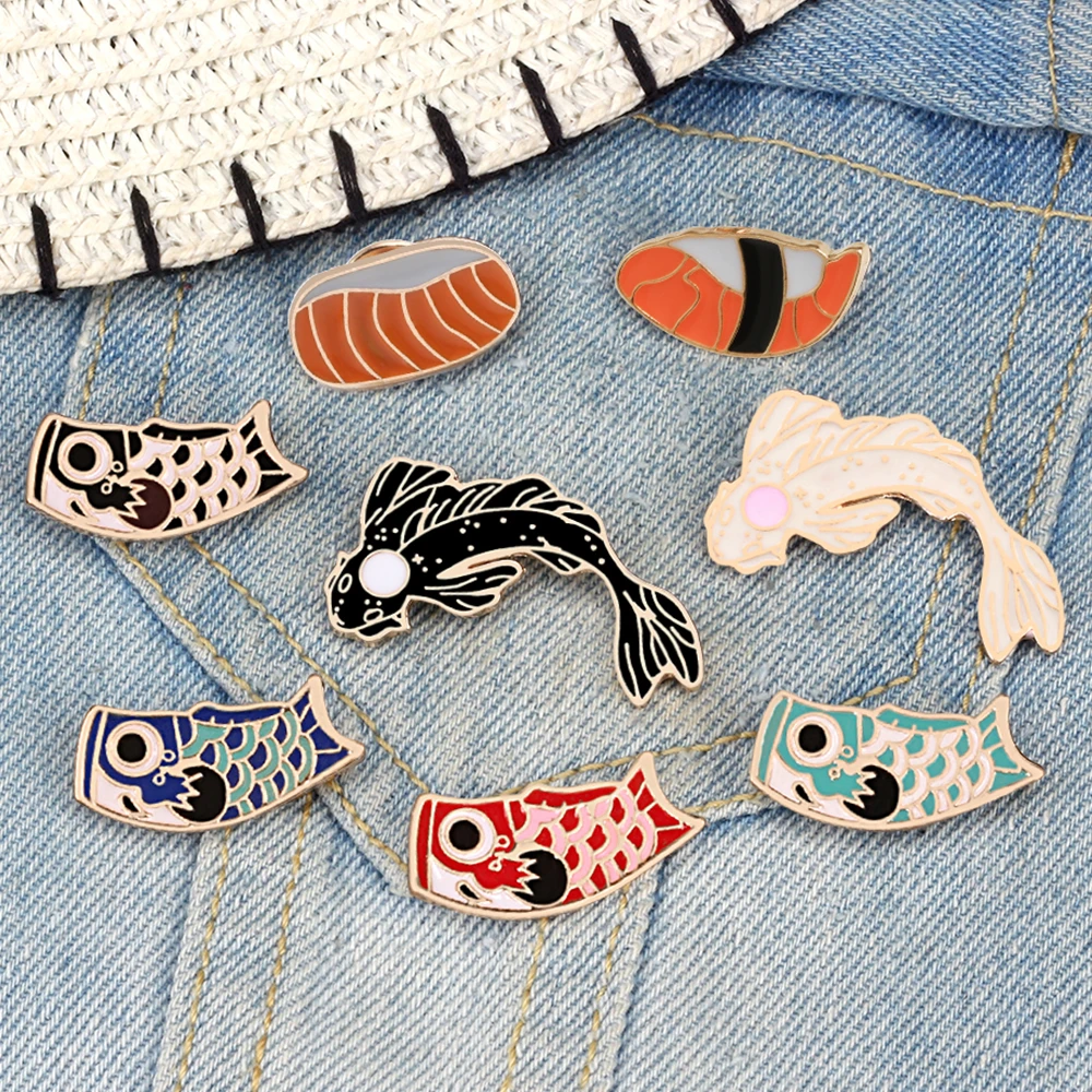 Japanese Lucky Koi Fish Shirt Lapel Pins Tasty Sushi Salmon Food Enamel Brooches Cartoon Fish ...