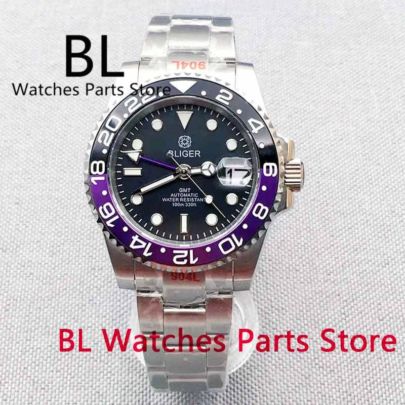 BLIGER-40mm-GMT-Men-Watch-NH34-Black-Purple-Bezel-Sapphire-Glass-Green ...