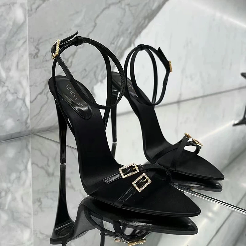 2025 New Black High Heels Women's Open toed Water Diamond One Word ...