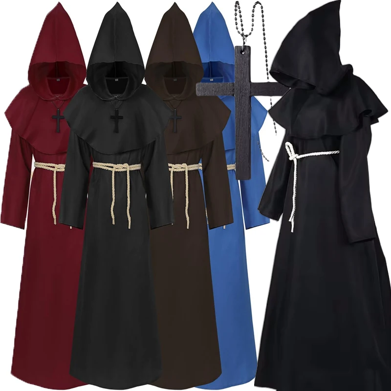 Friar-Medieval-Monk-Long-Cloak-Priest-Knight-Robe-Cross-Necklace-Belt ...