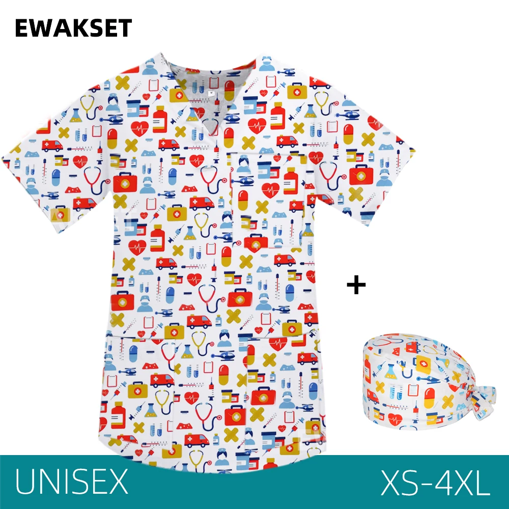 Unisex Hospitals Scrub Tops Print Medical Nursing Blouse Lab pharmacy ...
