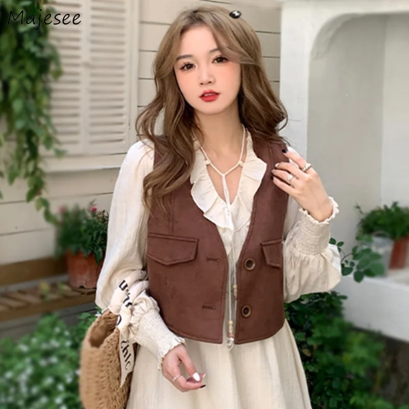 European Vintage Brown Vests for Women Autumn Outwears Fashion All ...