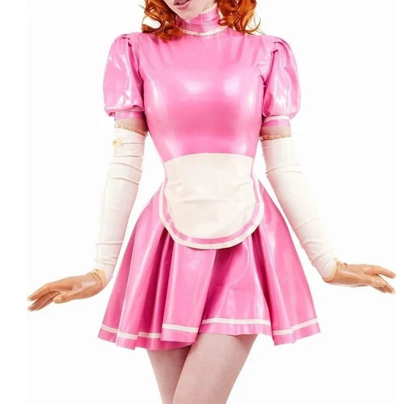 Roze En Wit Sexy Franse Maid Latex Jurk Met Versieringen Op Schort ...