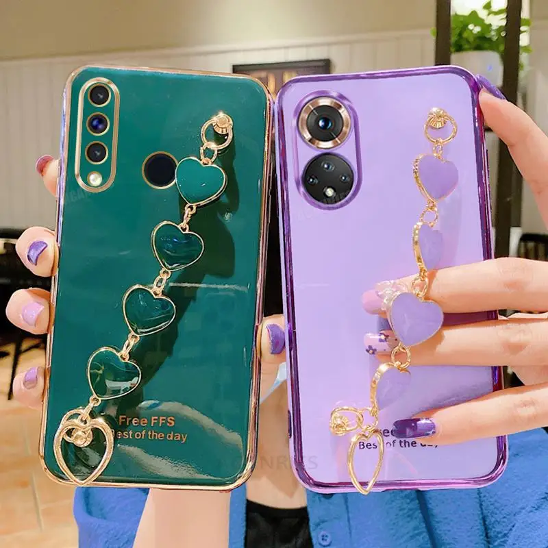 Funda de silicona para Huawei P30 Lite Pro P20, carcasa chapada con cadena y pulsera de corazón ...