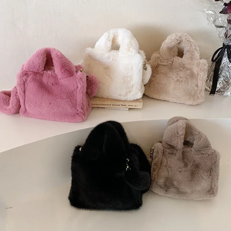 Luxury Faux Fur Women's Shoulder Bag Solid Color Soft Plush Ladies ...