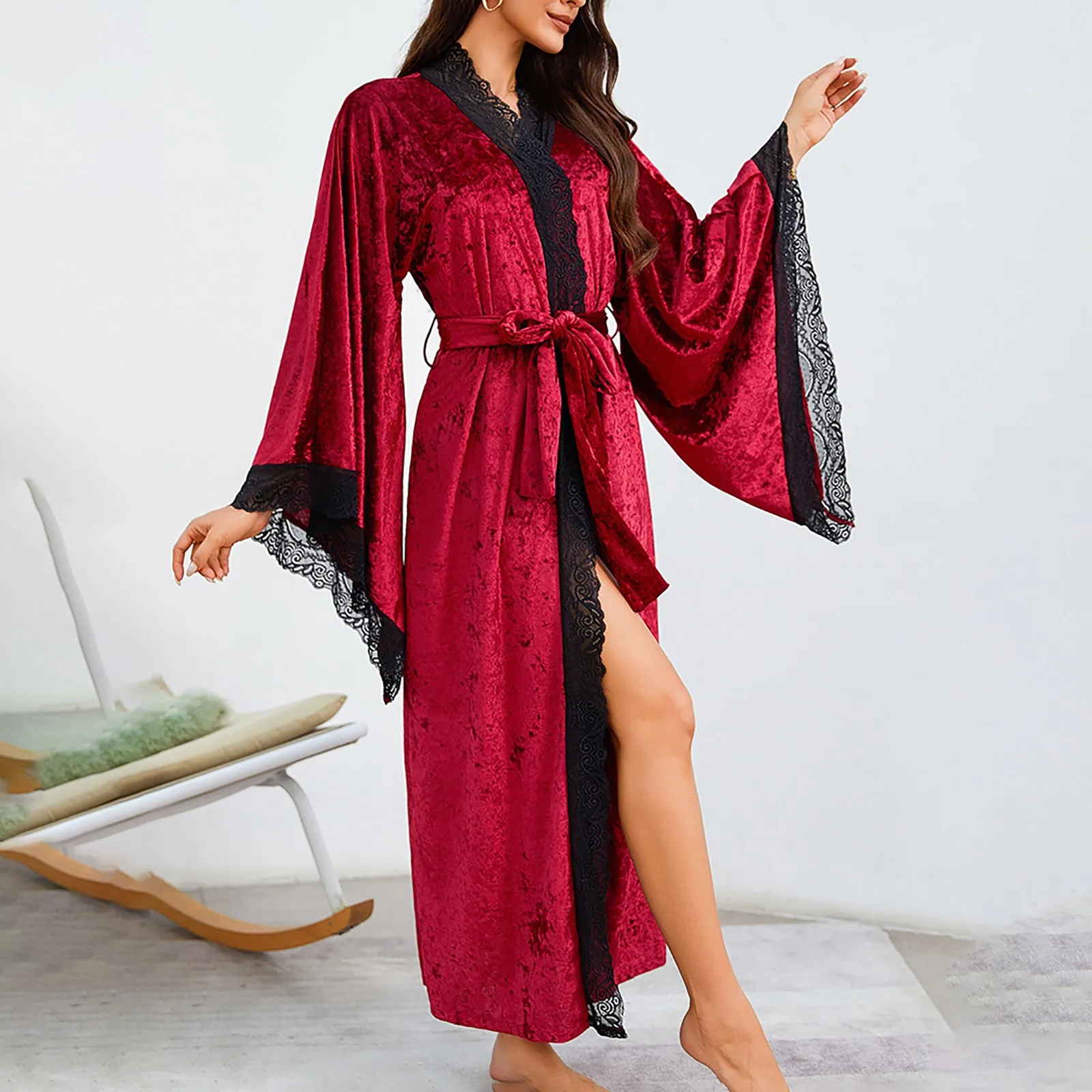 Women's Lace Velvet Bathrobe Breathable Nightgown Kimono Home Clothes ...