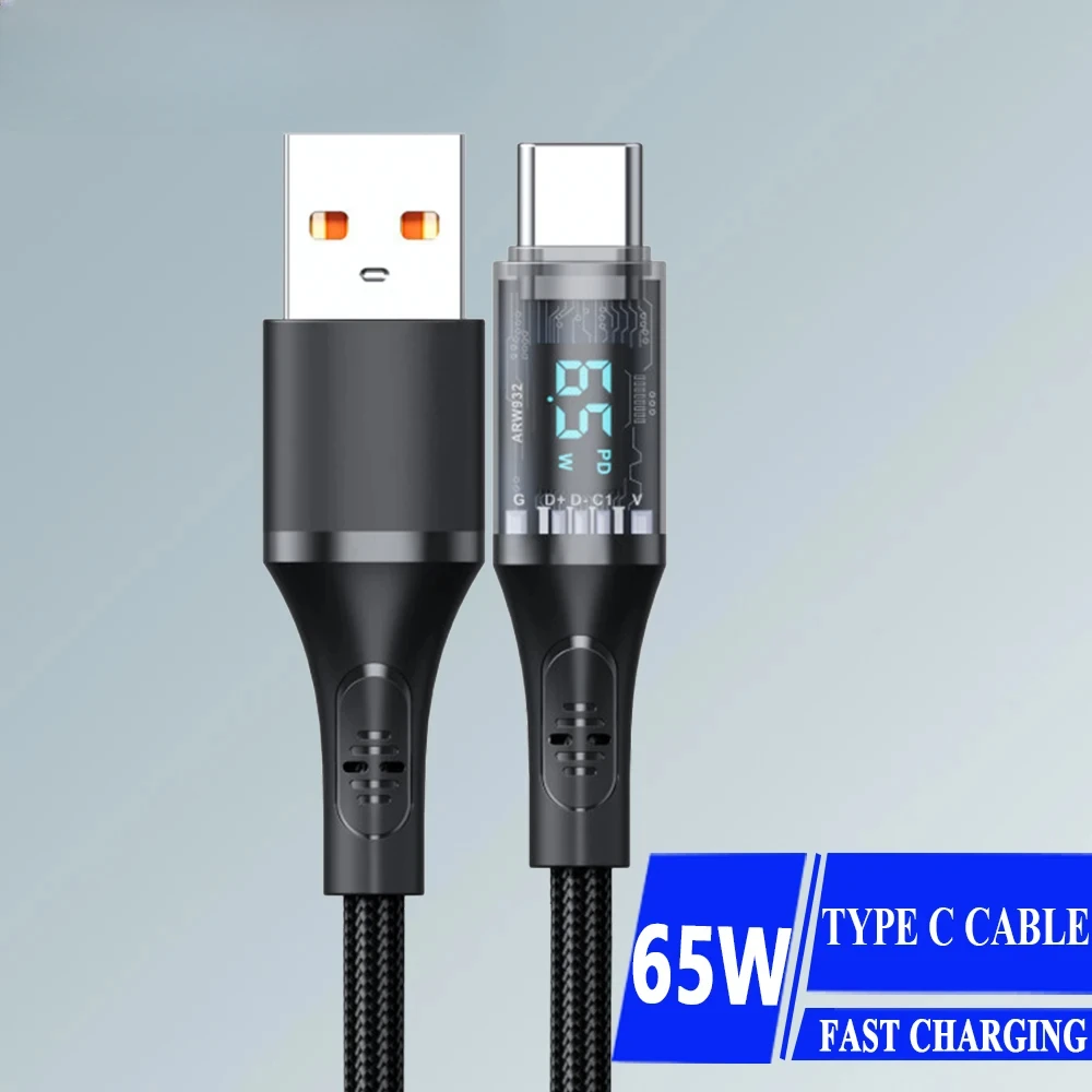 6A Type C Cable PD 65W LED Digital Display Fast Charging USB C Data ...