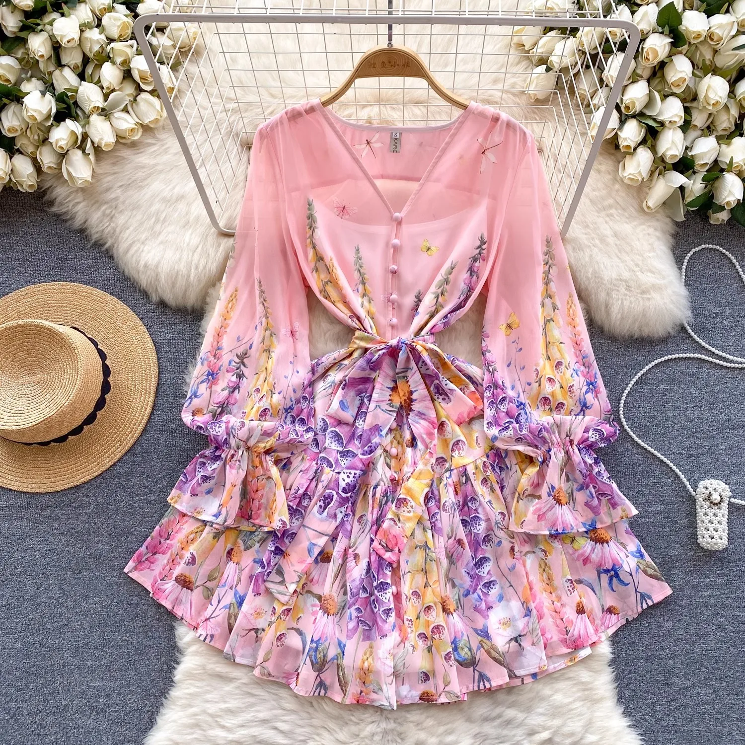 Summer-Runway-Gorgeous-Flower-Chiffon-Ruffles-Mini-Dress-Women-Deep-V ...