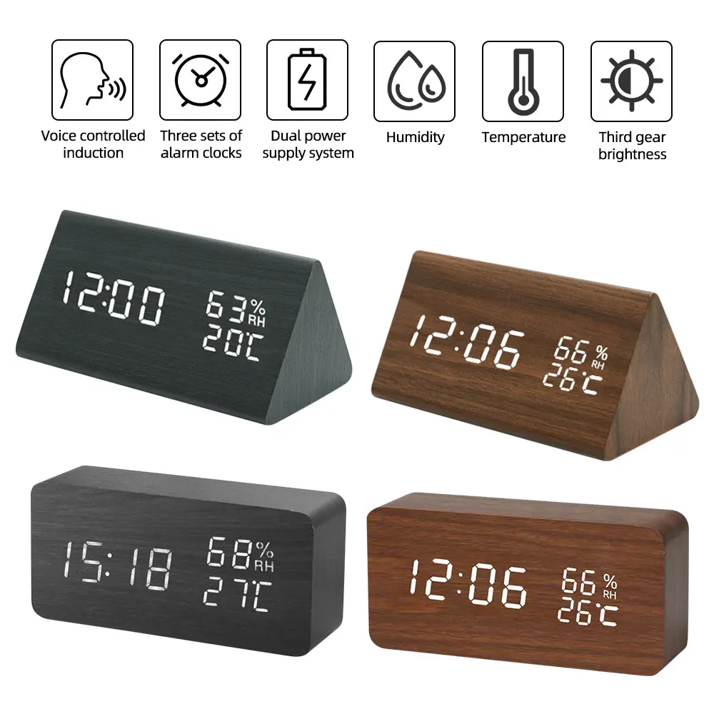 Jam Alarm Kayu Jam Desktop Digital LED Kontrol Suara Jam Tangan Meja ...