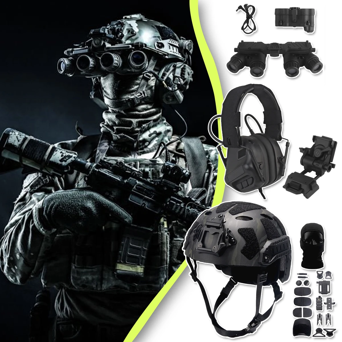 Tactical-Helmet-Set-With-Pickup-Noise-Reduction-Headphones-Night-Vision ...