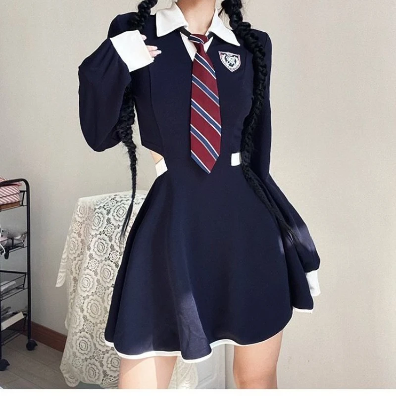 American-Preppy-Style-Dresses-Fashion-Autumn-Women-Lapel-Bandage-Hollow ...