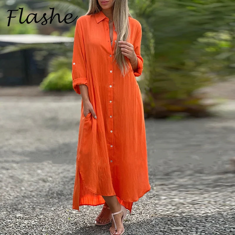 Spring-Summer-Maxi-Dresses-For-Women-Turn-Down-Collar-Long-Sleeve ...