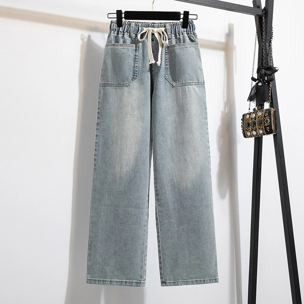 XL-5XL Oversize Jeans Women's High Waisted Drawstring Wide Leg Denim ...