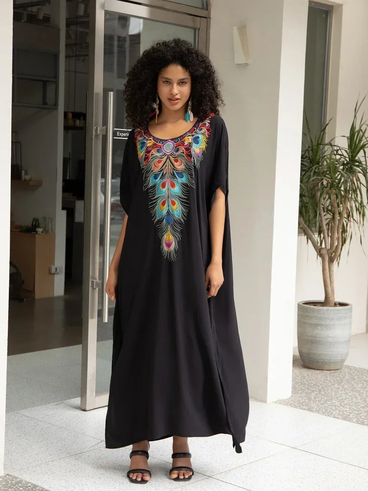 2024-Summer-Black-Women-Short-Sleeve-Kaftan-Dress-Colorful-Embroidered ...