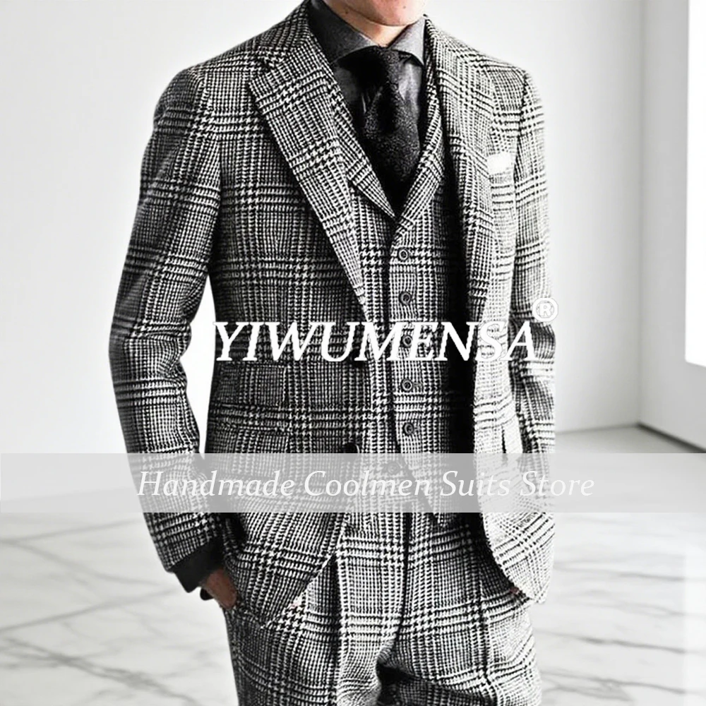 British Style Plaid Check Suits Men 3 Pieces Sets Tweed Wool Blend ...