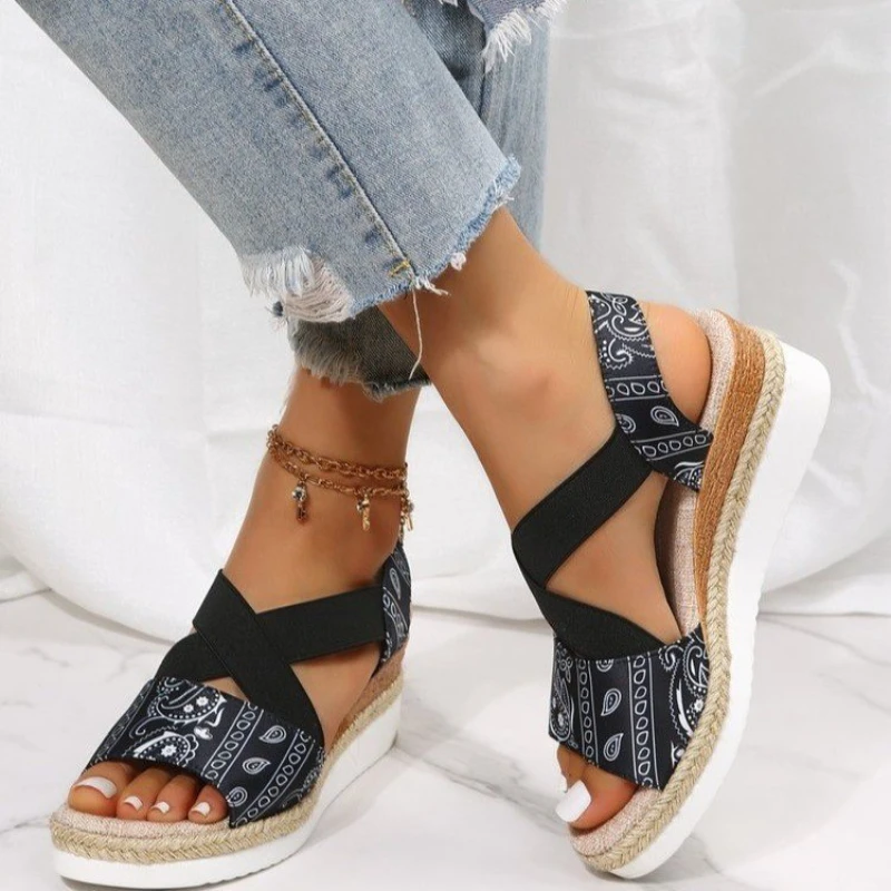 New Women's Sandals Fashion Cashew Flower Buckle Wedge Flats Hemp Rope ...