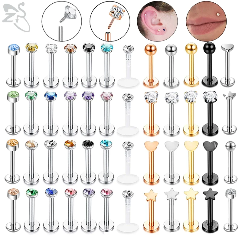 ZS 6-20pcs/lot 16G Stainless Steel Lip Stud Crystal Heart Labret ...