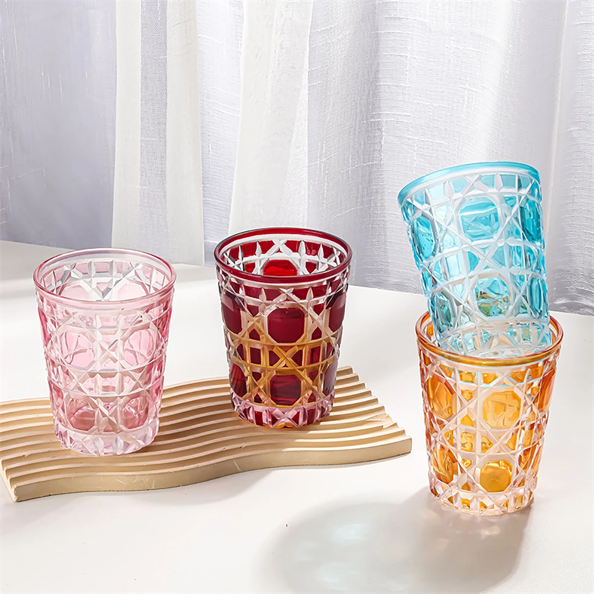 1pc 320ml Crystal Whisky Glass Cup Plaid Handmade Engraving Colorful Brandy Wine Glass Spirit ...