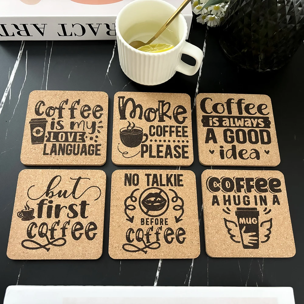 6pcs-Set-Square-Cork-Coaster-Engraved-Coffee-Theme-Design-Tea-Coffee ...