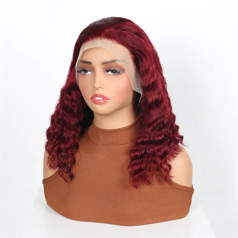 99J Red Colored Deep Wave Wig Human Hair 13x4 Burgundy Black Short Bob ...