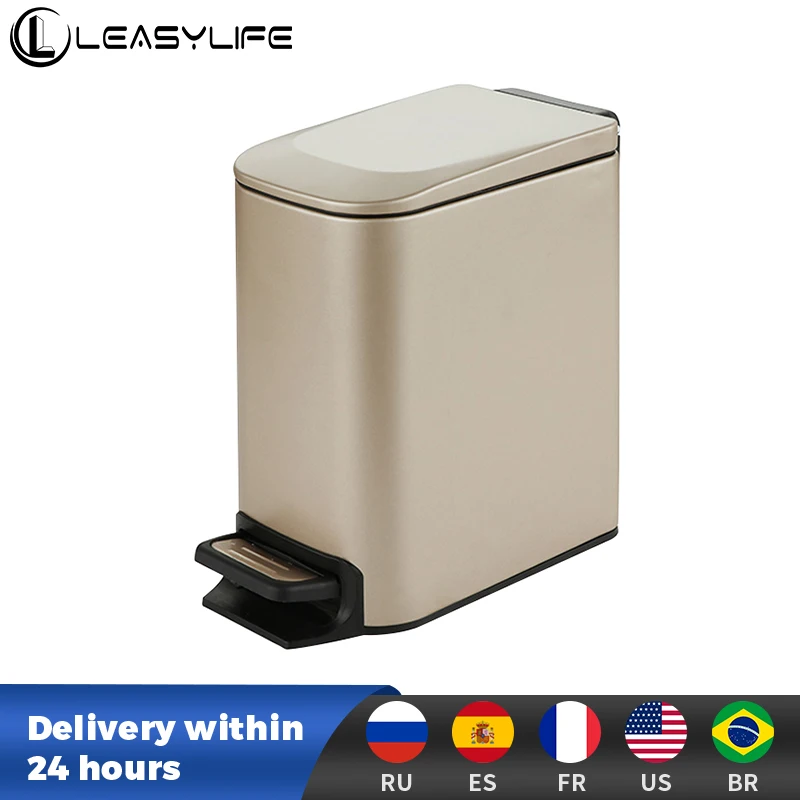 Rectangular-Narrow-Stainless-Steel-Foot-Step-Trash-Can-Gold-Wastebasket ...