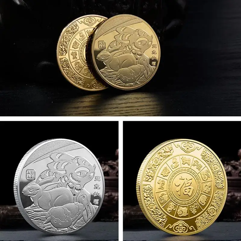 Chinese Zodiac Rabbit Coin New Year Bunny Coin Collectible Painted Gold ...