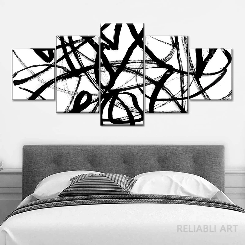 5 Panels Black White Line Abstract Wall Art Simple Line Decorative ...