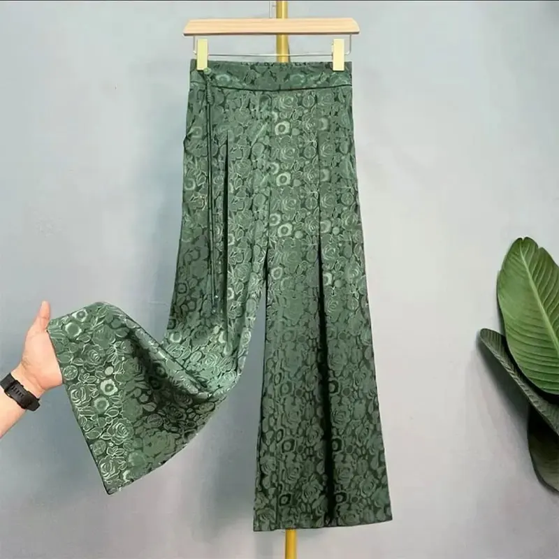 Chinese Style Floral Jacquard Weave Trousers Stylish Wide Leg Female ...