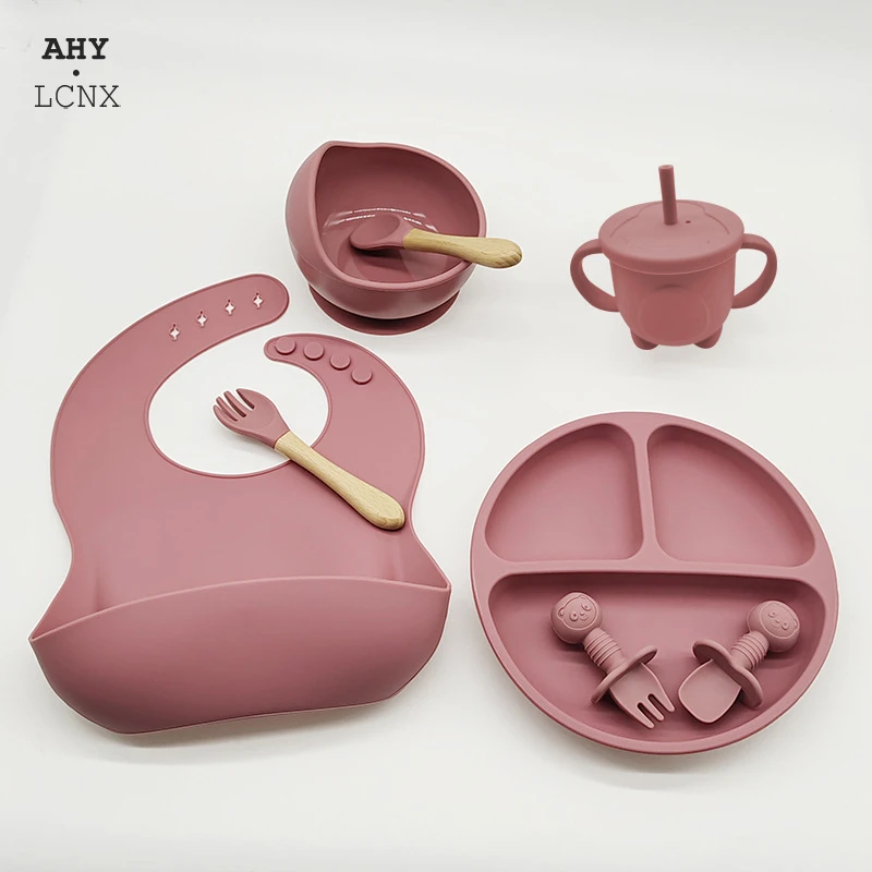 8Pcs Baby Silicone Tableware Bibs Set Sucker Bowl Spoon Fork Feeding ...