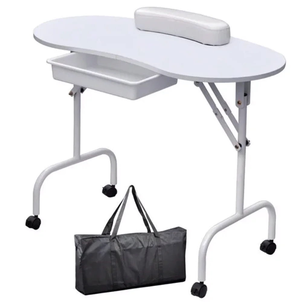 Folding Manicure Table Nail Beautician Desk with Lockable Wheels & Bag ...