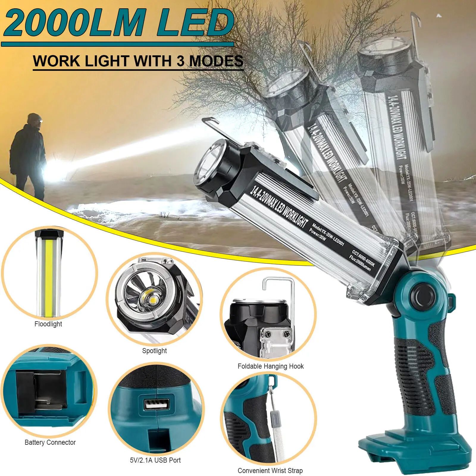 2000LM-LED-Work-Light-for-Makita-20V-Lithium-ion-Battery-Portable-Light ...